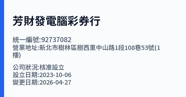芳財發電腦彩券行的照片-統編 92737082(新北市) 公司登記資料與營業項目詳細圖表