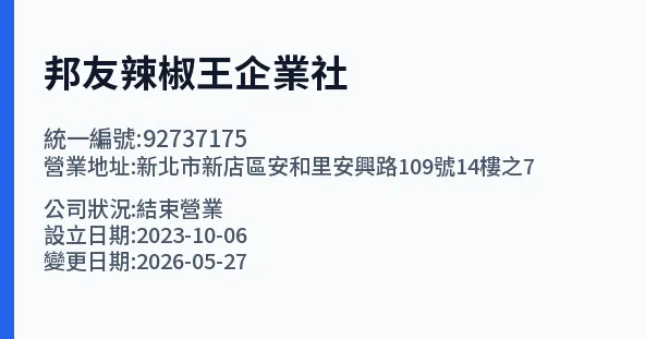 邦友辣椒王企業社的照片-統編 92737175(新北市) 公司登記資料與營業項目詳細圖表
