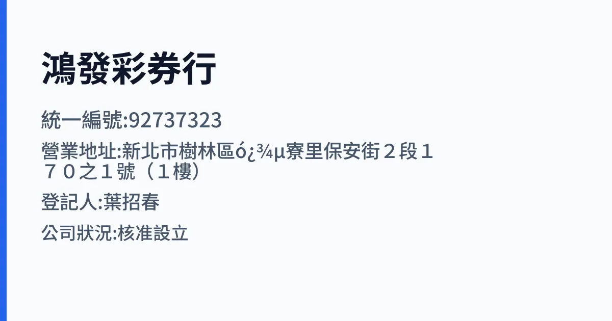 鴻發彩券行 - 統編 92737323(新北市) 公司登記資料與營業項目詳細圖表