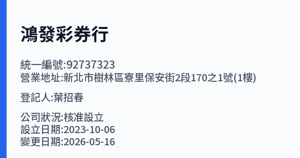 鴻發彩券行的照片-統編 92737323(新北市) 公司登記資料與營業項目詳細圖表