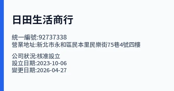 日田生活商行的照片-統編 92737338(新北市) 公司登記資料與營業項目詳細圖表