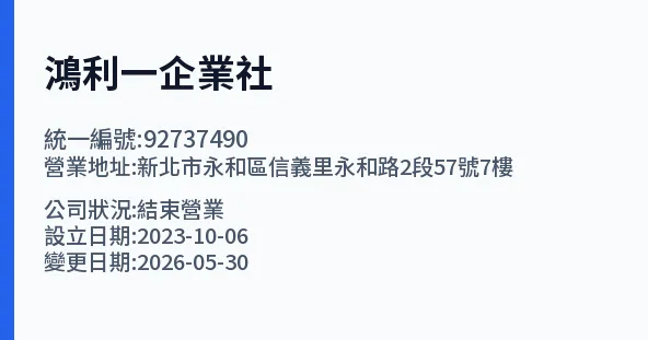 鴻利一企業社的照片-統編 92737490(新北市) 公司登記資料與營業項目詳細圖表
