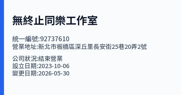 無終止同樂工作室的照片-統編 92737610(新北市) 公司登記資料與營業項目詳細圖表