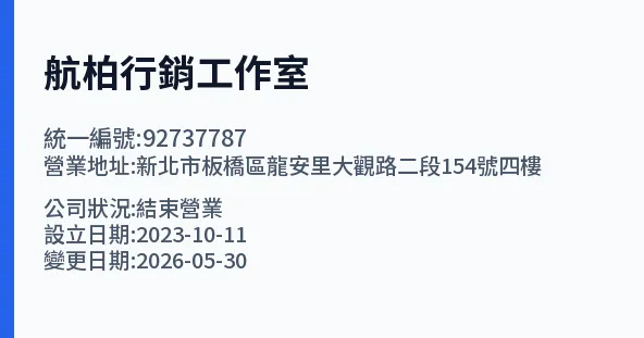 航柏行銷工作室的照片-統編 92737787(新北市) 公司登記資料與營業項目詳細圖表