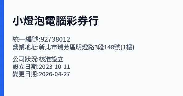 小燈泡電腦彩券行的照片-統編 92738012(新北市) 公司登記資料與營業項目詳細圖表