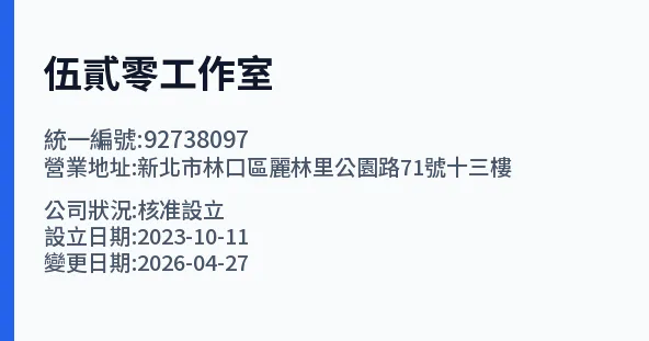 伍貳零工作室的照片-統編 92738097(新北市) 公司登記資料與營業項目詳細圖表