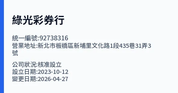 綠光彩券行的照片-統編 92738316(新北市) 公司登記資料與營業項目詳細圖表