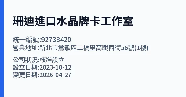 珊迪進口水晶牌卡工作室的照片-統編 92738420(新北市) 公司登記資料與營業項目詳細圖表