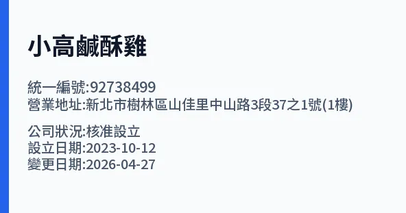小高鹹酥雞的照片-統編 92738499(新北市) 公司登記資料與營業項目詳細圖表
