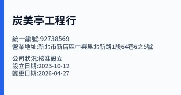 炭美亭工程行的照片-統編 92738569(新北市) 公司登記資料與營業項目詳細圖表
