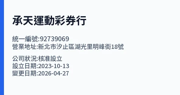 承天運動彩券行的照片-統編 92739069(新北市) 公司登記資料與營業項目詳細圖表