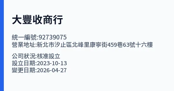 大豐收商行的照片-統編 92739075(新北市) 公司登記資料與營業項目詳細圖表