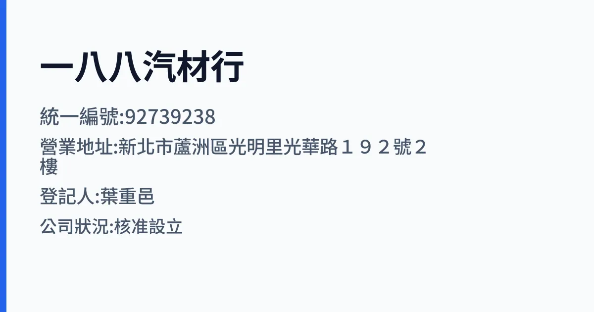 一八八汽材行 - 統編 92739238(新北市) 公司登記資料與營業項目詳細圖表