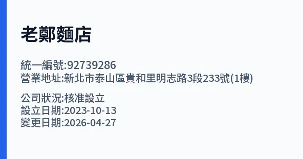 老鄭麵店的照片-統編 92739286(新北市) 公司登記資料與營業項目詳細圖表