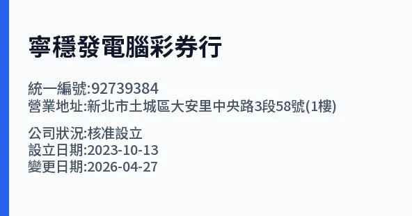 寧穩發電腦彩券行的照片-統編 92739384(新北市) 公司登記資料與營業項目詳細圖表
