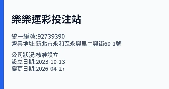 樂樂運彩投注站的照片-統編 92739390(新北市) 公司登記資料與營業項目詳細圖表