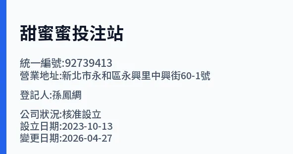 甜蜜蜜投注站的照片-統編 92739413(新北市) 公司登記資料與營業項目詳細圖表