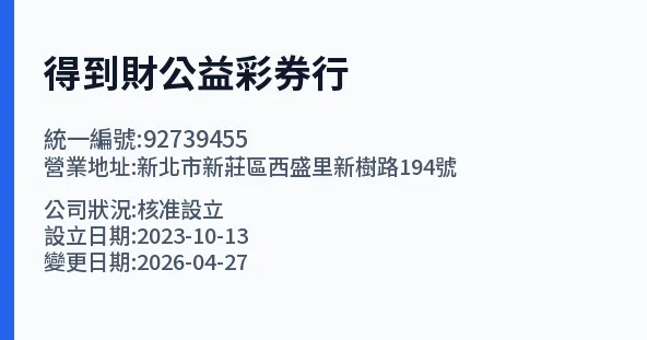 得到財公益彩券行的照片-統編 92739455(新北市) 公司登記資料與營業項目詳細圖表