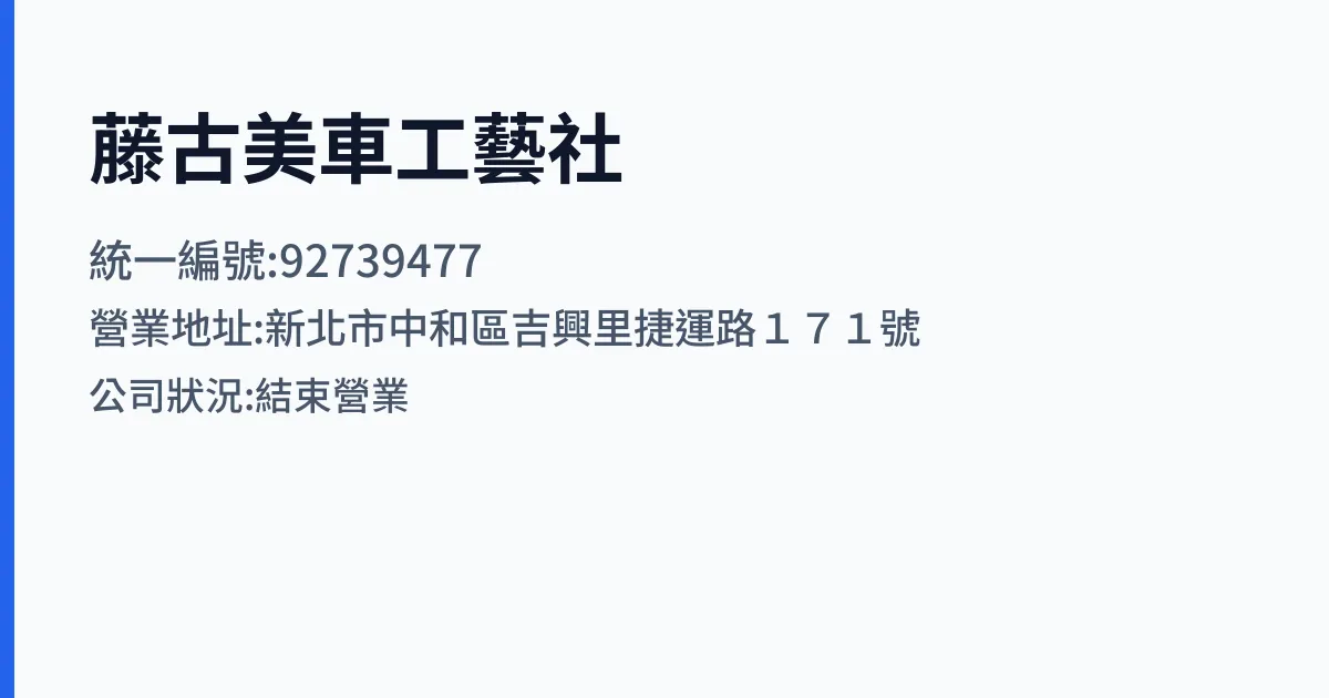 藤古美車工藝社 - 統編 92739477(新北市) 公司登記資料與營業項目詳細圖表