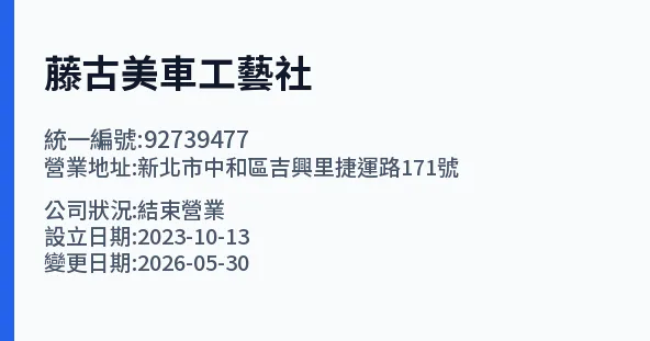 藤古美車工藝社的照片-統編 92739477(新北市) 公司登記資料與營業項目詳細圖表