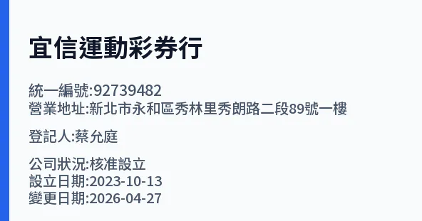 宜信運動彩券行的照片-統編 92739482(新北市) 公司登記資料與營業項目詳細圖表