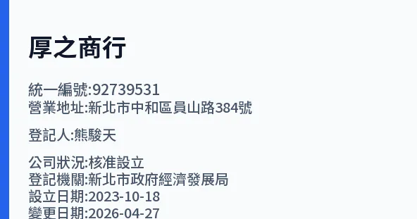 厚之商行的照片-統編 92739531(新北市) 公司登記資料與營業項目詳細圖表