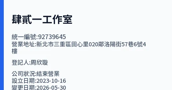 肆貳一工作室的照片-統編 92739645(新北市) 公司登記資料與營業項目詳細圖表