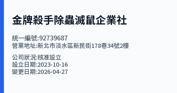 金牌殺手除蟲滅鼠企業社的照片-統編 92739687(新北市) 公司登記資料與營業項目詳細圖表
