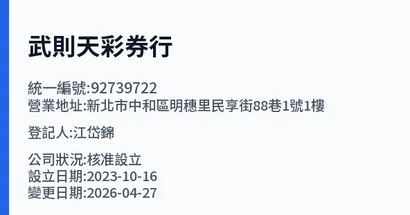 武則天彩券行的照片-統編 92739722(新北市) 公司登記資料與營業項目詳細圖表