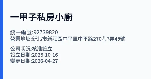 一甲子私房小廚的照片-統編 92739820(新北市) 公司登記資料與營業項目詳細圖表