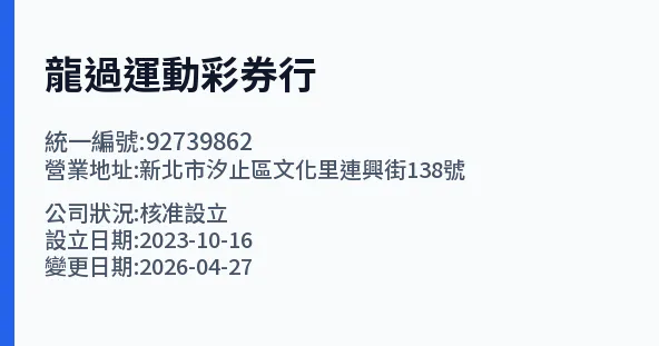 龍過運動彩券行的照片-統編 92739862(新北市) 公司登記資料與營業項目詳細圖表