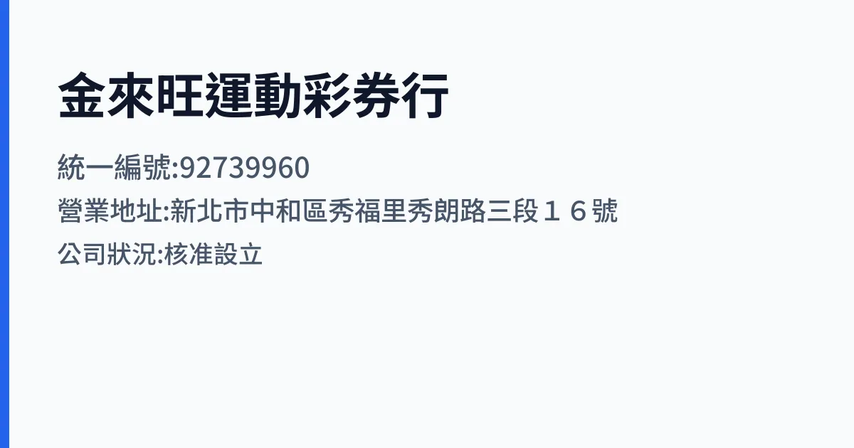 金來旺運動彩券行 - 統編 92739960(新北市) 公司登記資料與營業項目詳細圖表