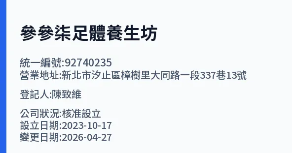 參參柒足體養生坊的照片-統編 92740235(新北市) 公司登記資料與營業項目詳細圖表