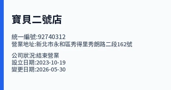 寶貝二號店的照片-統編 92740312(新北市) 公司登記資料與營業項目詳細圖表