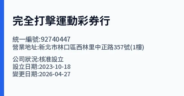 完全打擊運動彩券行的照片-統編 92740447(新北市) 公司登記資料與營業項目詳細圖表