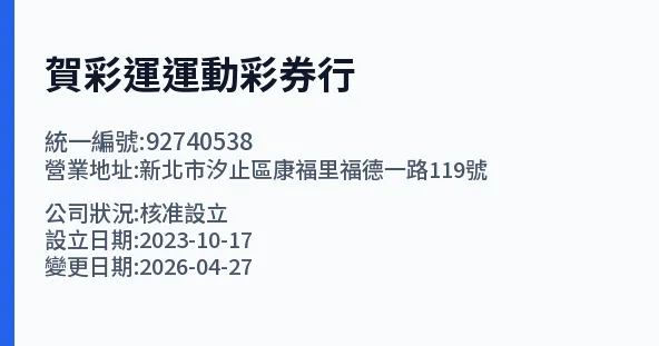賀彩運運動彩券行的照片-統編 92740538(新北市) 公司登記資料與營業項目詳細圖表