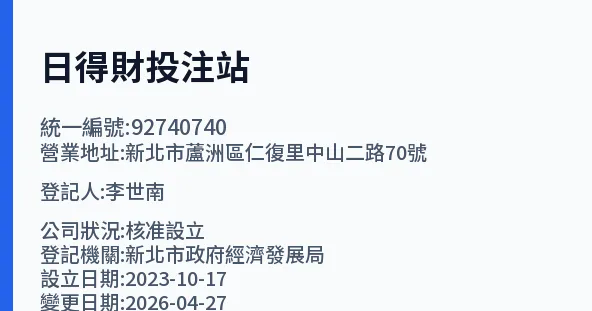 日得財投注站的照片-統編 92740740(新北市) 公司登記資料與營業項目詳細圖表