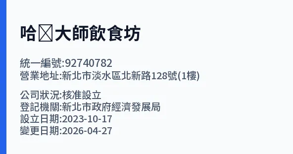 哈焿大師飲食坊的照片-統編 92740782(新北市) 公司登記資料與營業項目詳細圖表