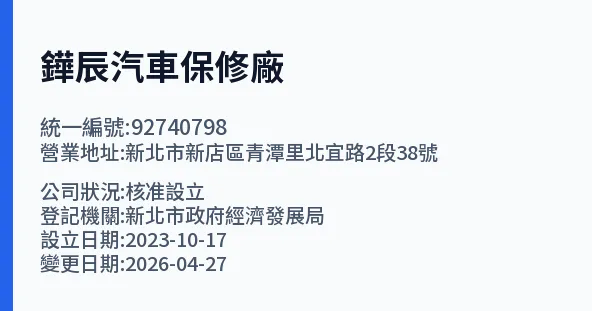 鏵辰汽車保修廠的照片-統編 92740798(新北市) 公司登記資料與營業項目詳細圖表