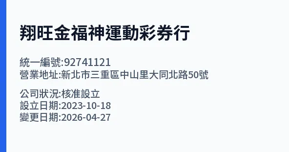 翔旺金福神運動彩券行的照片-統編 92741121(新北市) 公司登記資料與營業項目詳細圖表