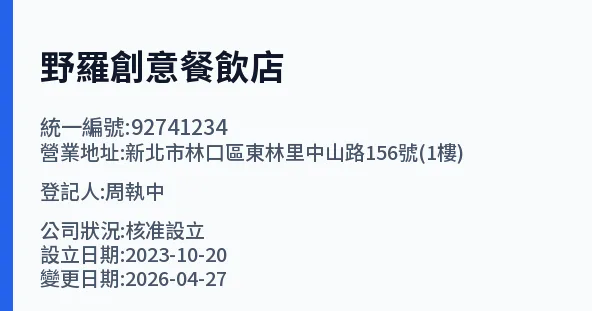 野羅創意餐飲店的照片-統編 92741234(新北市) 公司登記資料與營業項目詳細圖表