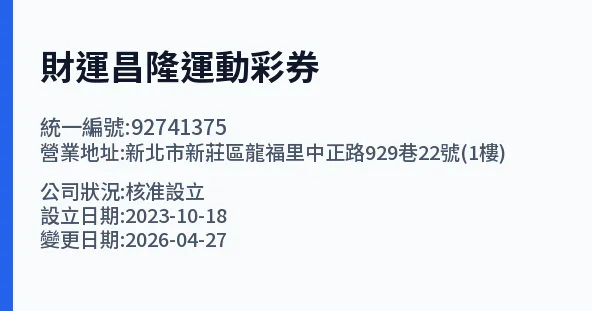 財運昌隆運動彩券的照片-統編 92741375(新北市) 公司登記資料與營業項目詳細圖表