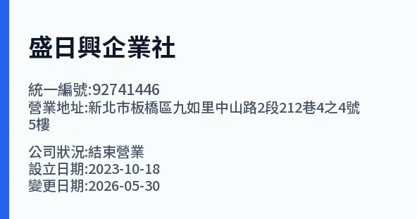 盛日興企業社的照片-統編 92741446(新北市) 公司登記資料與營業項目詳細圖表