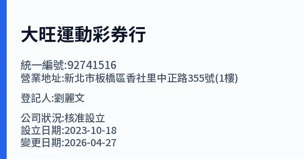 大旺運動彩券行的照片-統編 92741516(新北市) 公司登記資料與營業項目詳細圖表