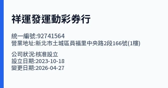 祥運發運動彩券行的照片-統編 92741564(新北市) 公司登記資料與營業項目詳細圖表