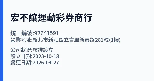 宏不讓運動彩券商行的照片-統編 92741591(新北市) 公司登記資料與營業項目詳細圖表