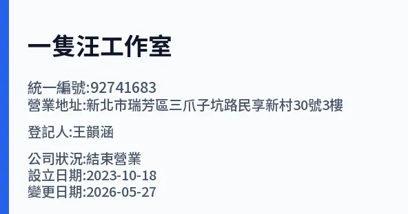一隻汪工作室的照片-統編 92741683(新北市) 公司登記資料與營業項目詳細圖表