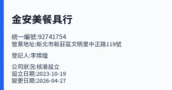金安美餐具行的照片-統編 92741754(新北市) 公司登記資料與營業項目詳細圖表