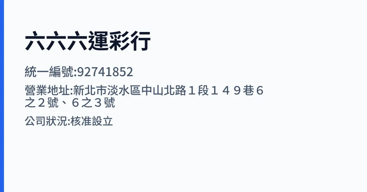 六六六運彩行 - 統編 92741852(新北市) 公司登記資料與營業項目詳細圖表