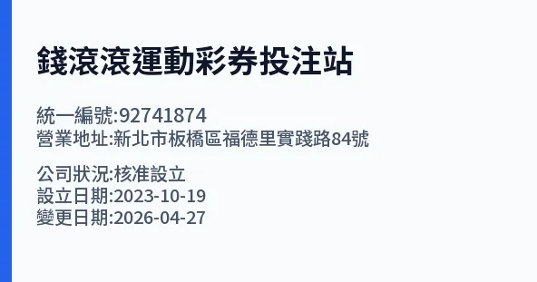 錢滾滾運動彩券投注站的照片-統編 92741874(新北市) 公司登記資料與營業項目詳細圖表